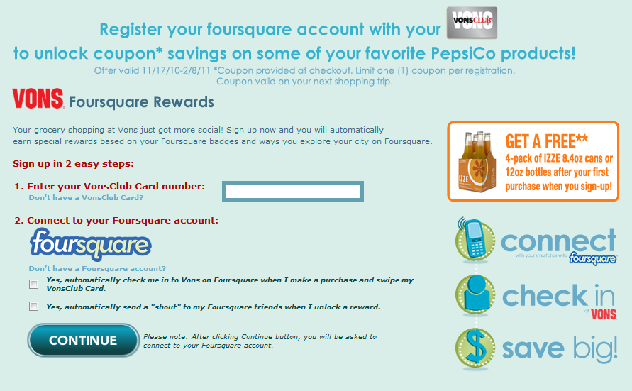 Vons Loyalty Card + Foursquare Check-Ins = Pepsico Rewards