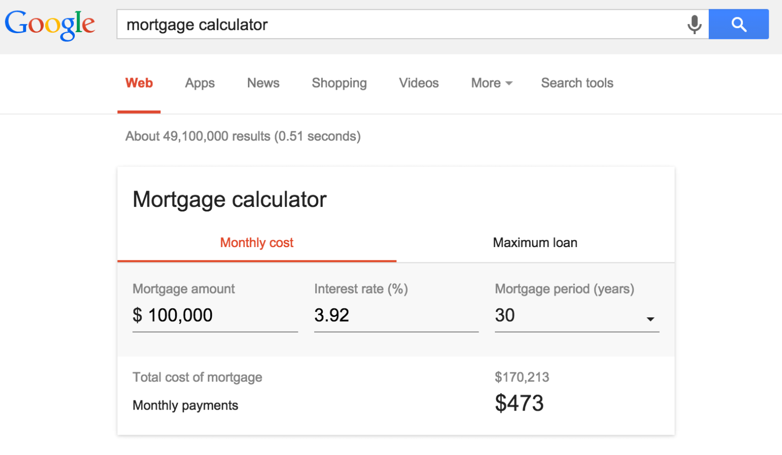 Google's Mortgage Calculator Quick Answer Now Live