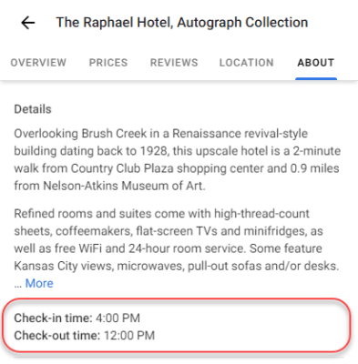Google My Business supports hotel check-in and check-out times