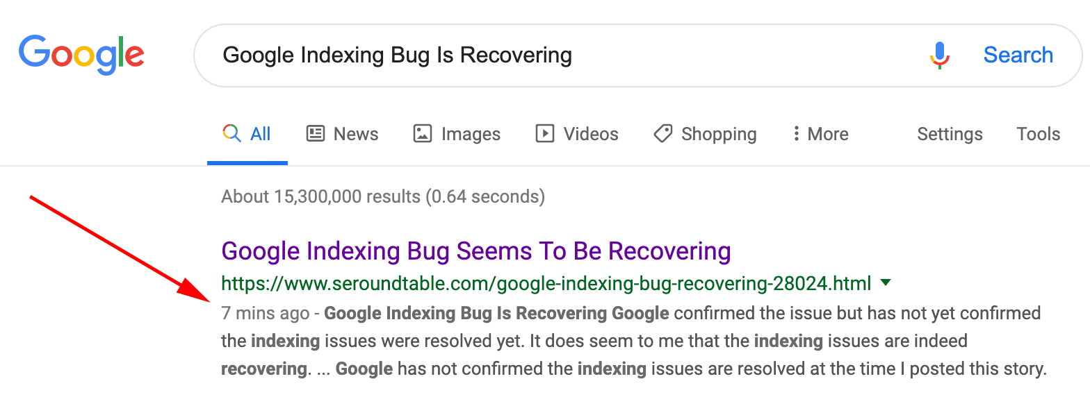 Google's indexing issues are resolved