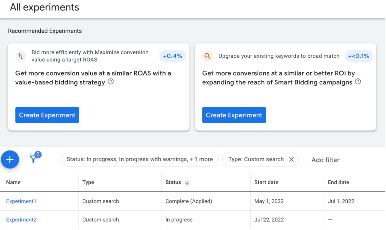 Google Ad recommendations can now be applied as experiments