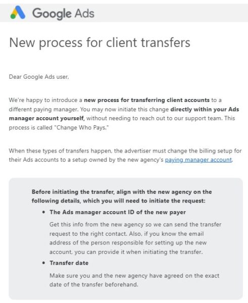 New Google Ads process for client account transfers - Autaski.com
